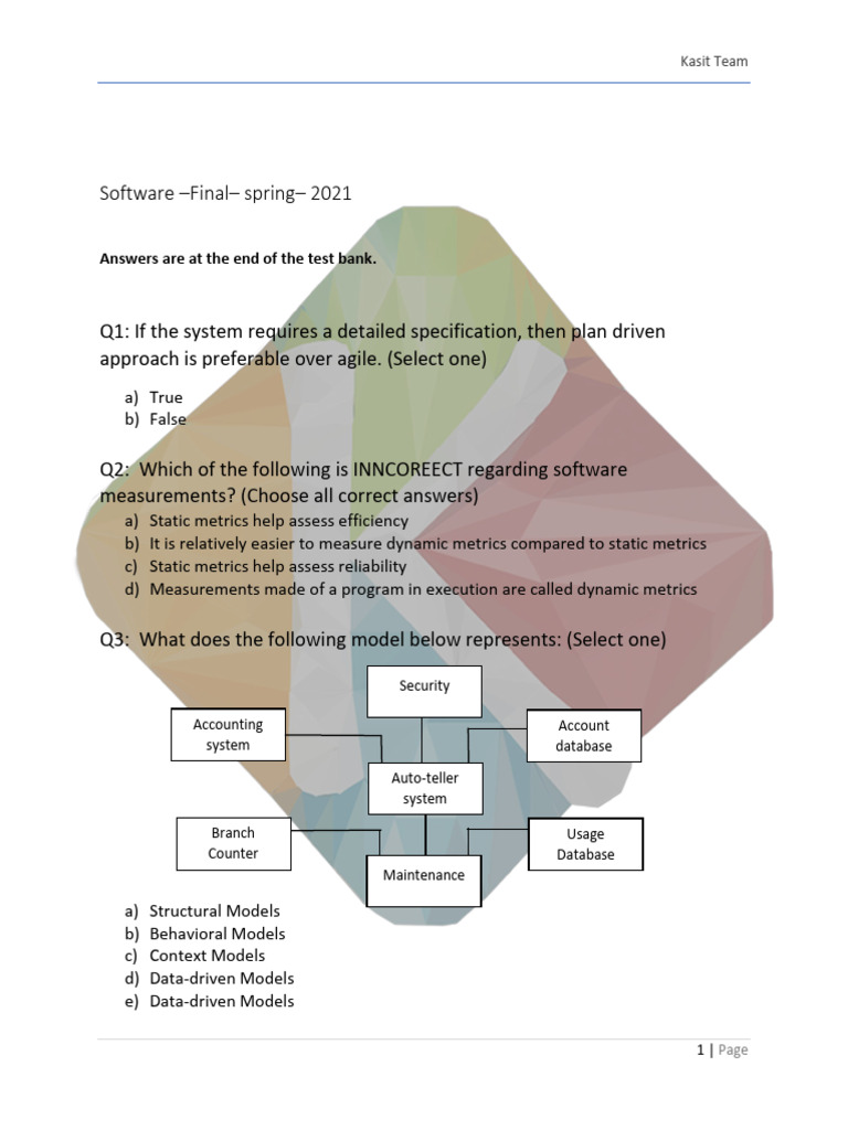Testbank Software Engineering Final 2021 Spring | PDF | Risk ...