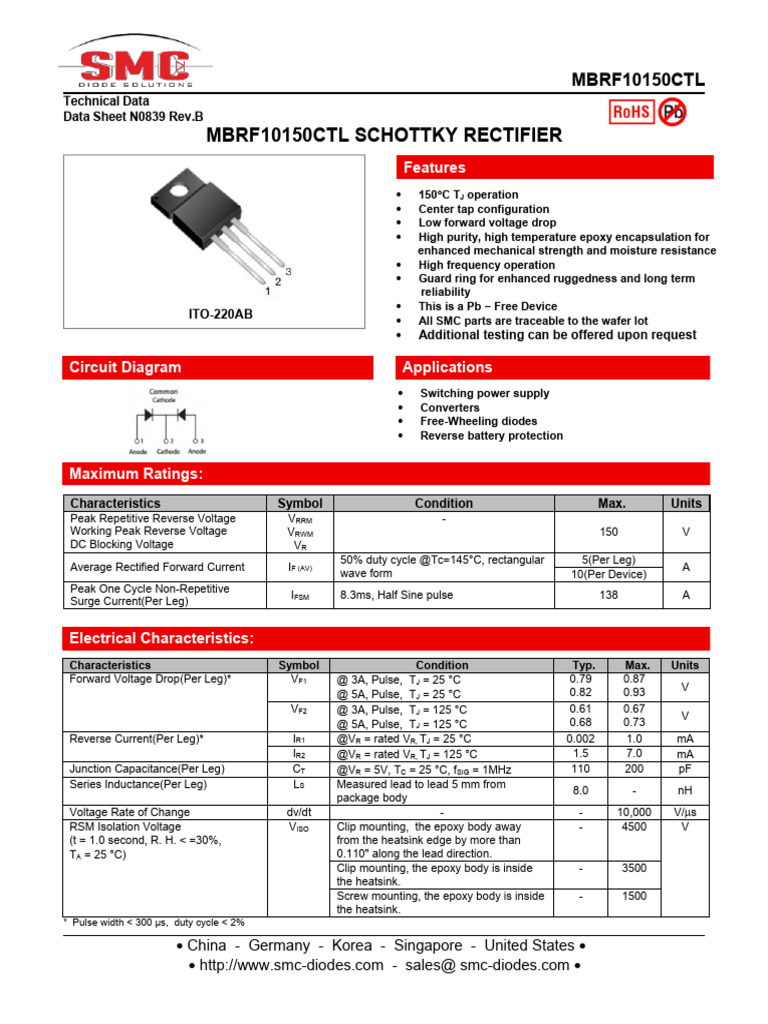 Mbrf10150ctl n0839 Rev.b | PDF | Rectifier | Electrical Components