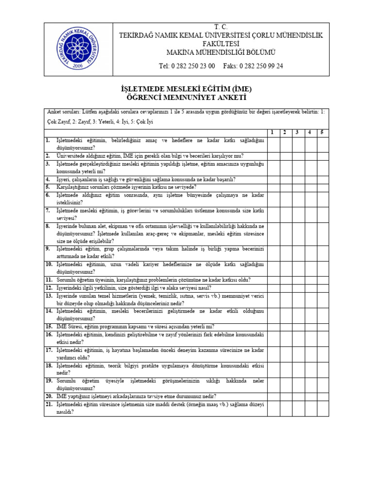 IME Öğrenci Memnuniyet Anketi | PDF