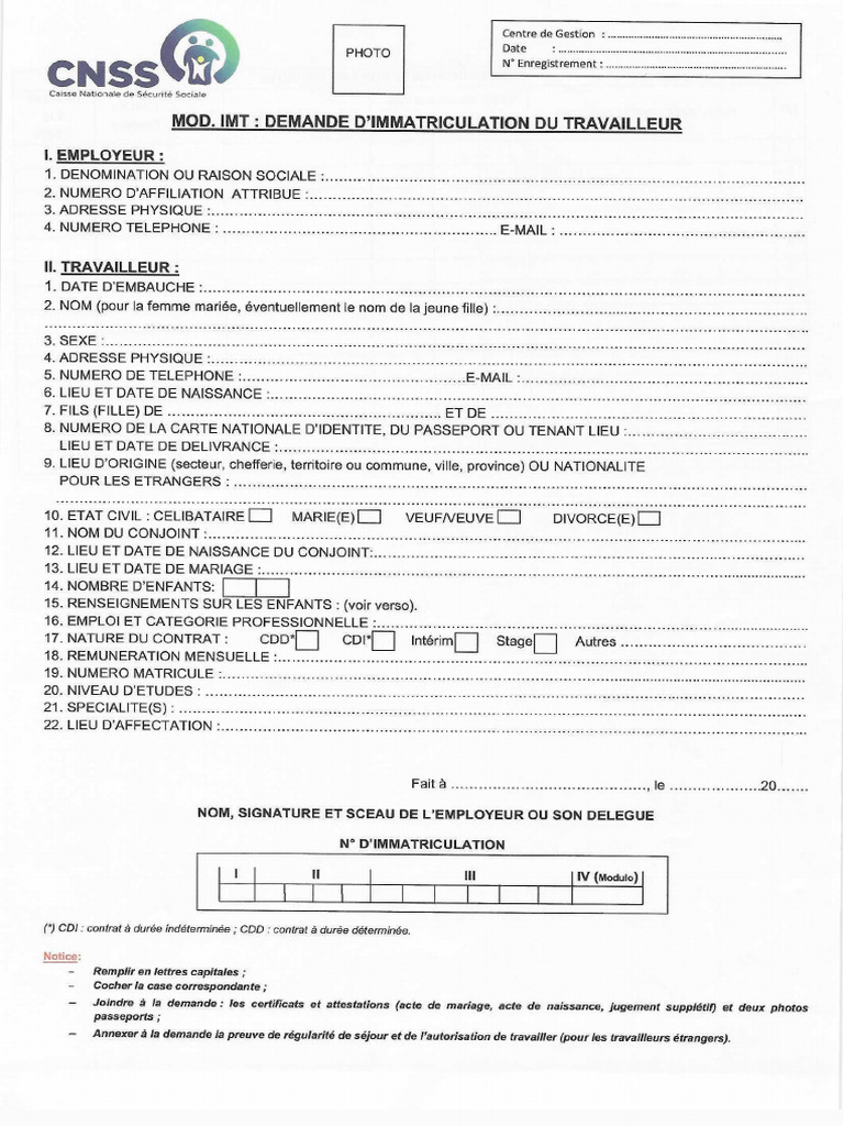CNSS Formulaire de Demande D'immatriculation Du Travailleur | PDF
