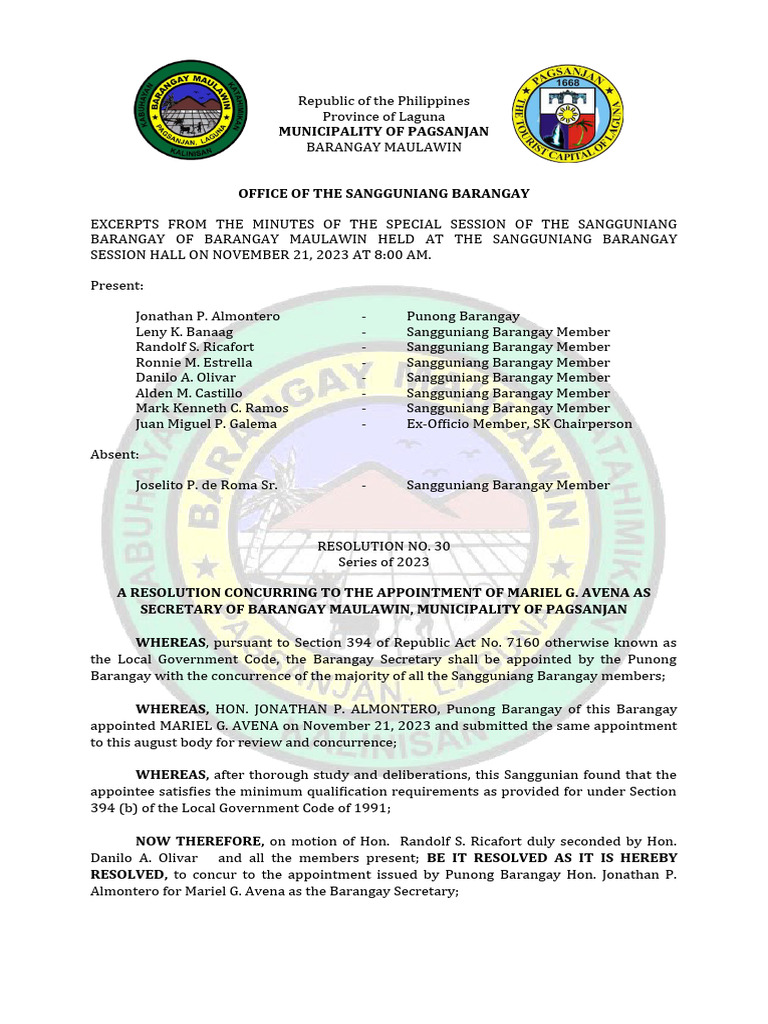 Appointment of Barangay Secretary | PDF | Philippines