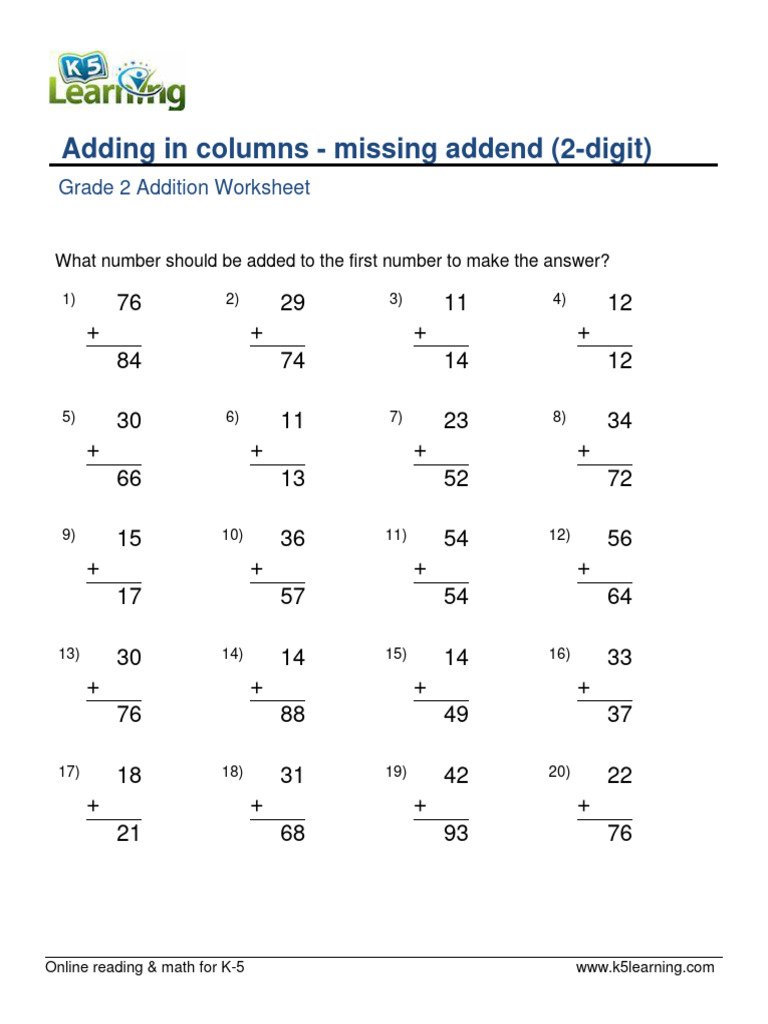 Grade 2 Add in Columns Missing Addend 2 Digit C | PDF | Arithmetic ...