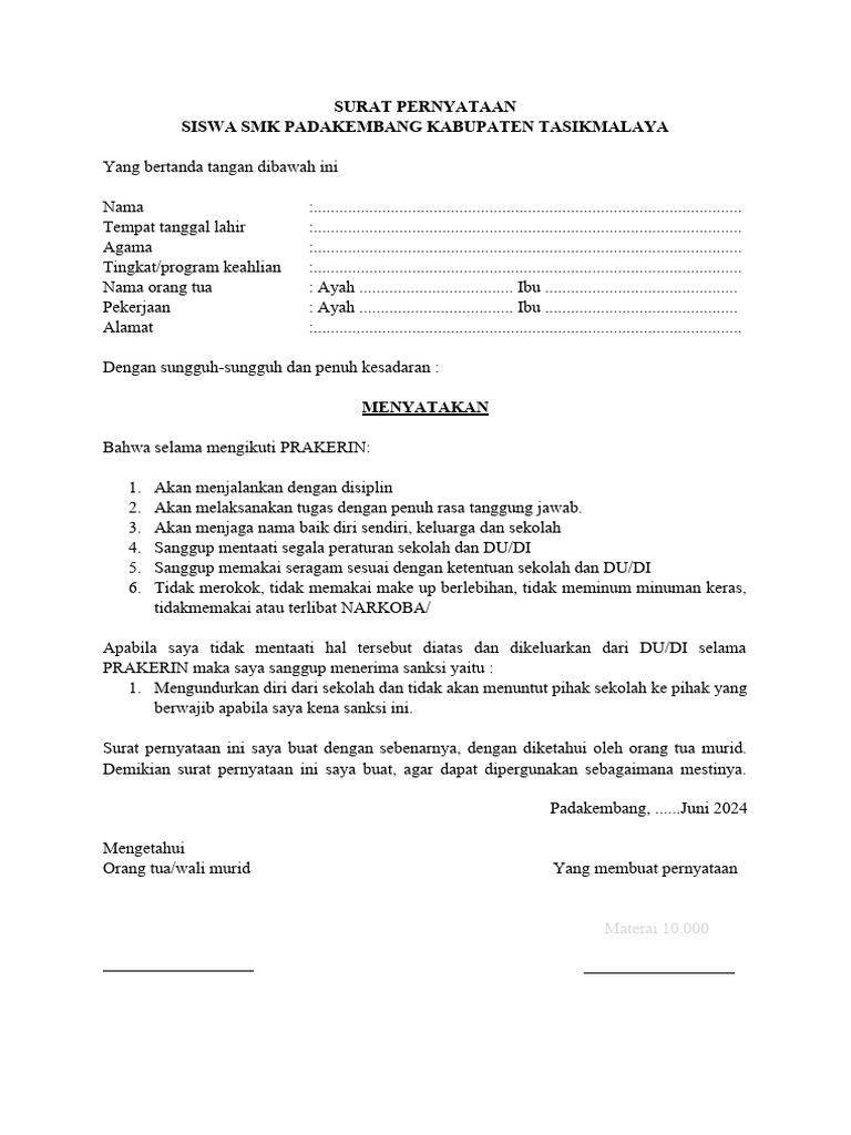 SURAT PERNYATAAN Prakerin SMK | PDF