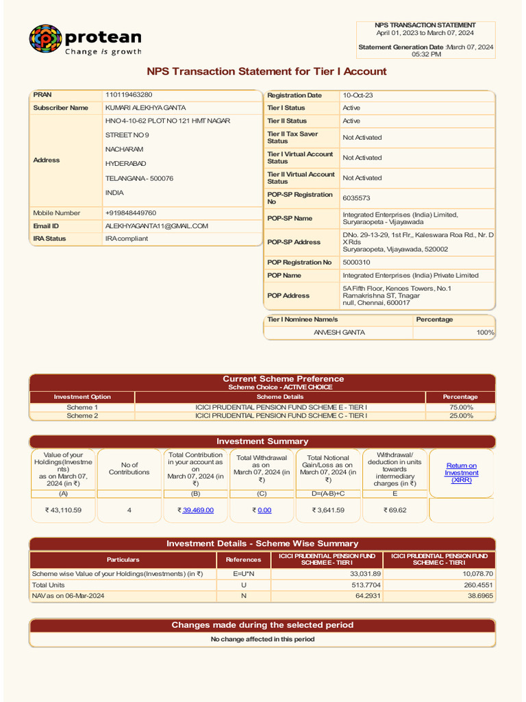NPS Transaction Statement For Tier I Account: Current Scheme Preference ...