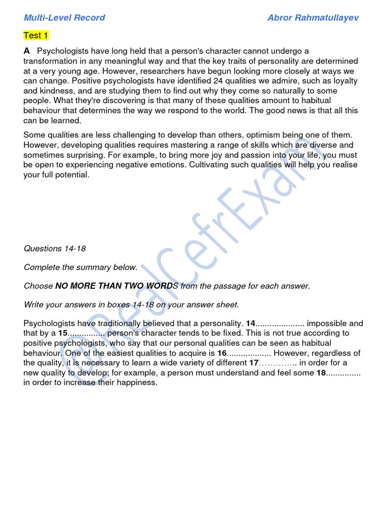 Reading Summary completion | PDF