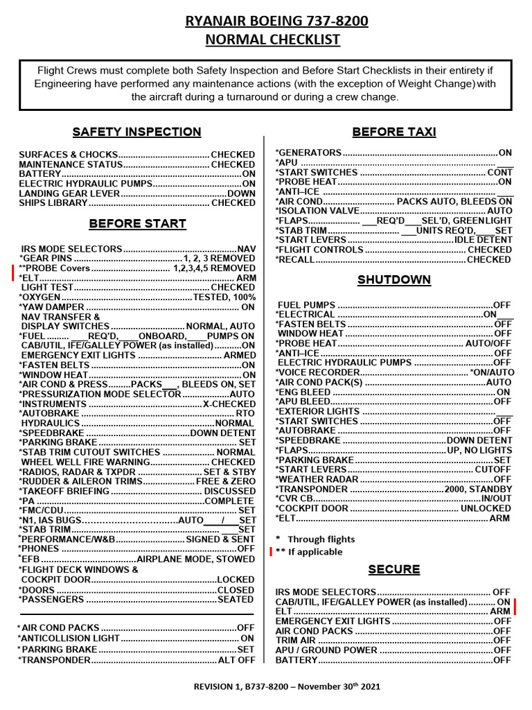Normal Checklist 737 8200 Rev 1 | PDF | Cockpit | Transport