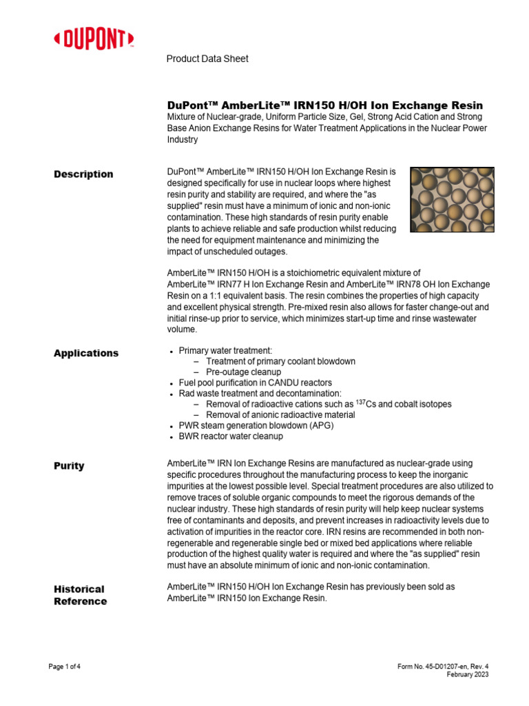 IER AmberLite IRN150 H OH PDS 45 D01207 en | PDF | Ion Exchange | Ion