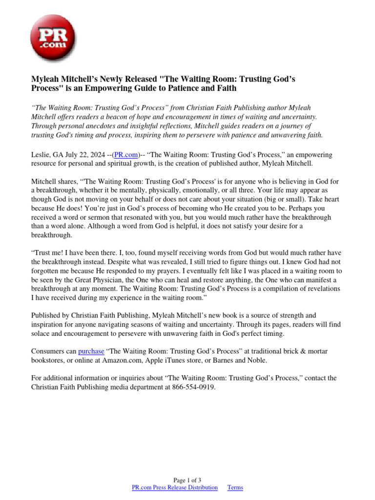 Myleah Mitchell's Newly Released "The Waiting Room: Trusting God's ...