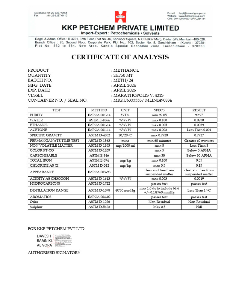 Methanol COA | Download Free PDF | Products Of Chemical Industry | Chemistry