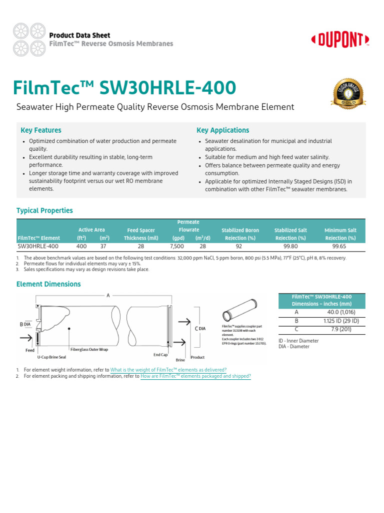 Datasheet SW30-400 HRLE Wet - New | PDF | Membrane | Water