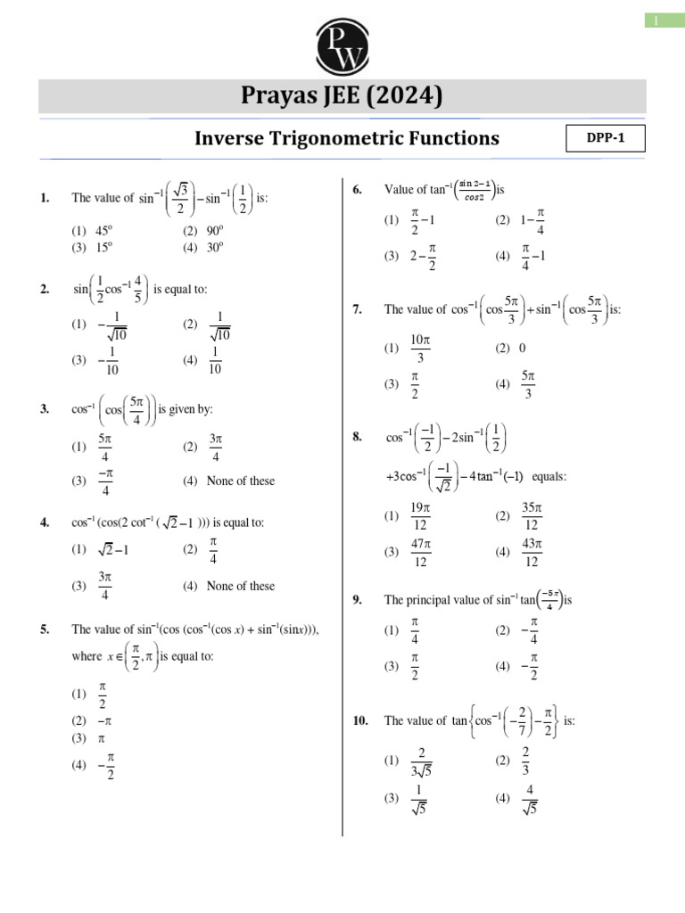 Inverse Trigonometric Functions - DPP 01 (Of Lec 03) - Prayas JEE 2024 | PDF | Geometry ...