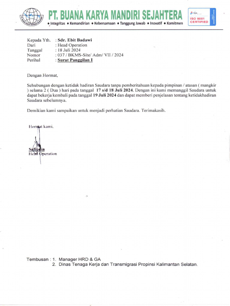 Contoh Surat Panggilan Mangkir Kerja | PDF