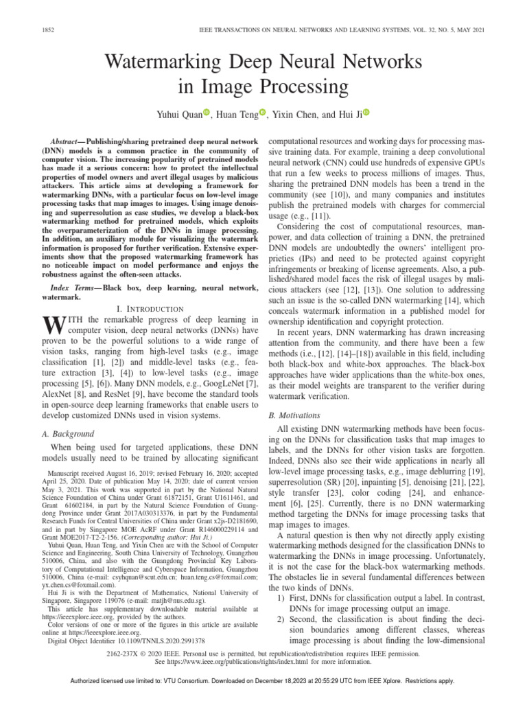 Watermarking Deep Neural Networks | PDF | Deep Learning | Artificial Neural Network