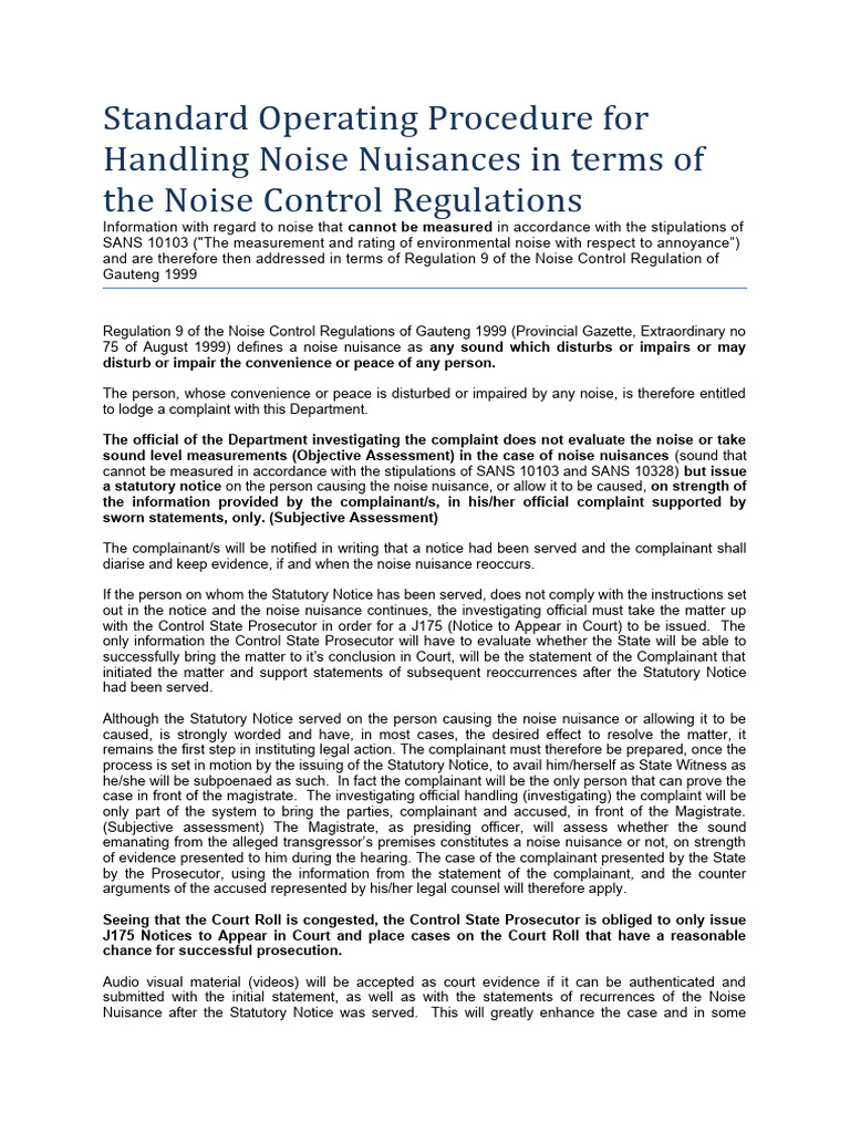Standard Operating Procedure For Handling Noise Nuisances | PDF | Prosecutor | Nuisance