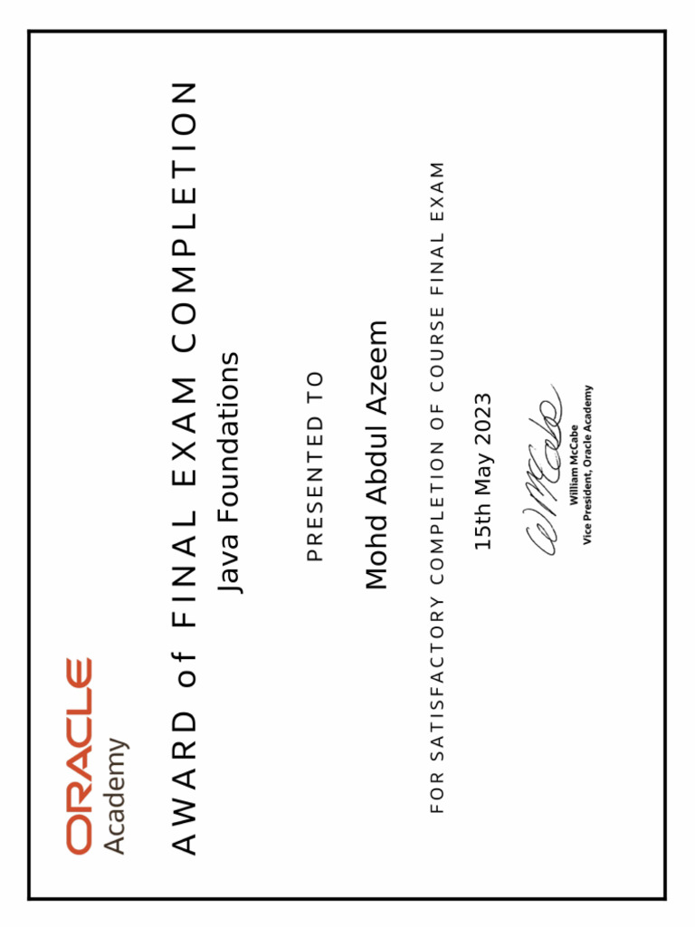 Azeem JAVA Certificate | PDF