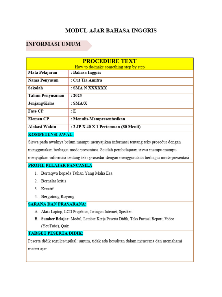Modul Ajar Procedure Text Fix..... | PDF | Seni