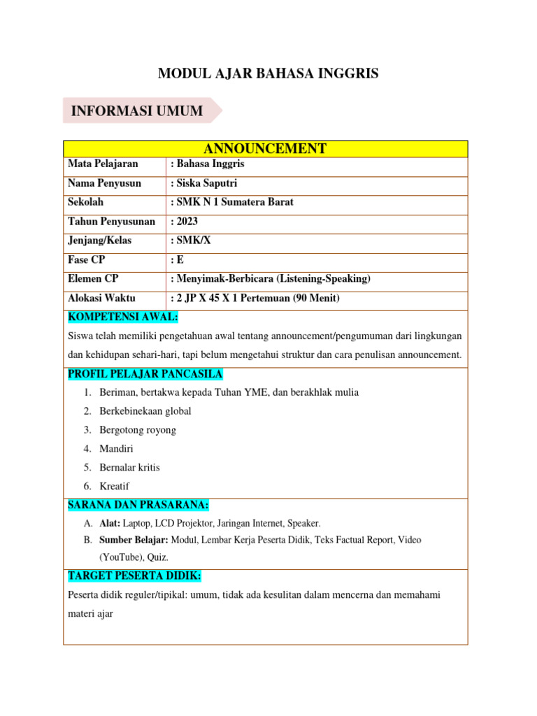 Modul Ajar Announcement Fix... | PDF