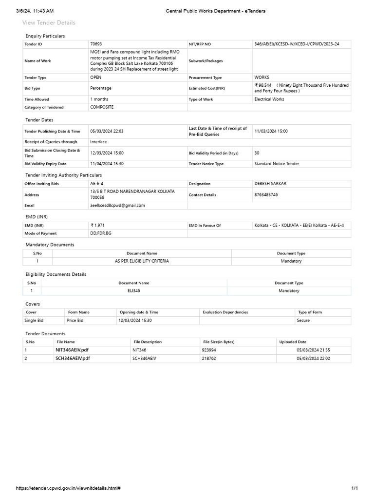CPWD eTender for Electrical Works | PDF