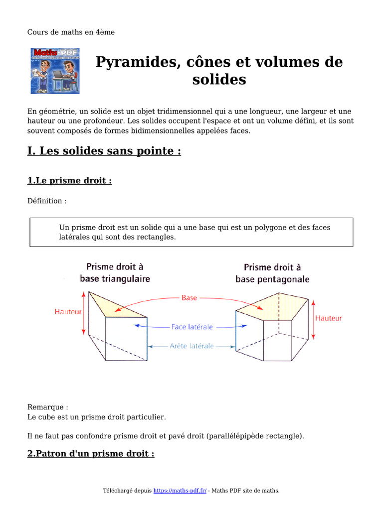 Pyramides Cones Et Volumes de Solides Cours de Maths en 4eme 993 | PDF | Géométrie | Formes ...