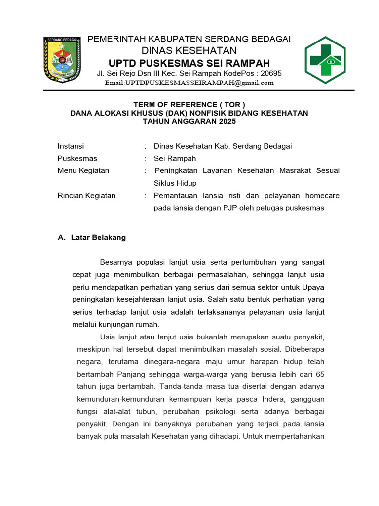 TOR Pemantauan Lansia Risti Dan Pelayanan Homecare Pada Lansia Dengan PJP Oleh Petugas Puskesmas ...