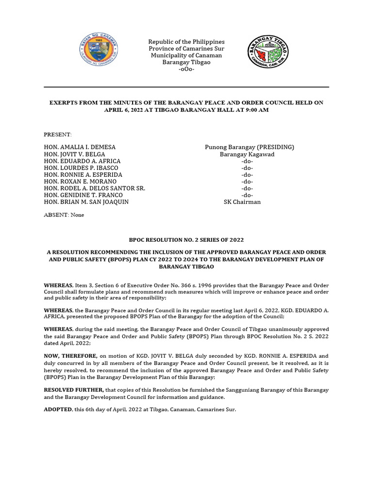 1 BPOC Resolution Endorsing The BPOPS | PDF | Government