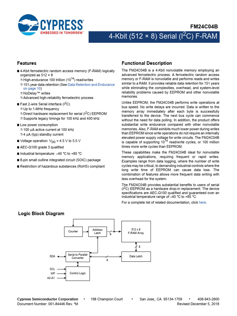 Infineon-FM24C04B 4-Kbit (512 8) Serial (I2C) F-RAM-DataSheet-v14 00-EN | PDF | Manufactured ...