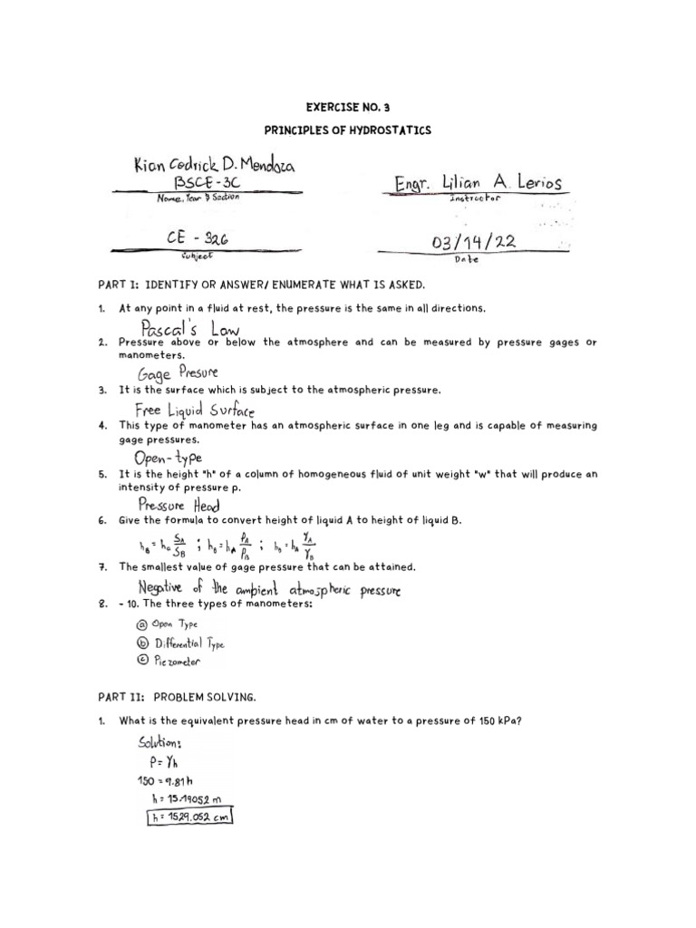 Mendoza Kian Cedrick Bsce 3c Excercise 3 | PDF | Pressure | Pressure Measurement