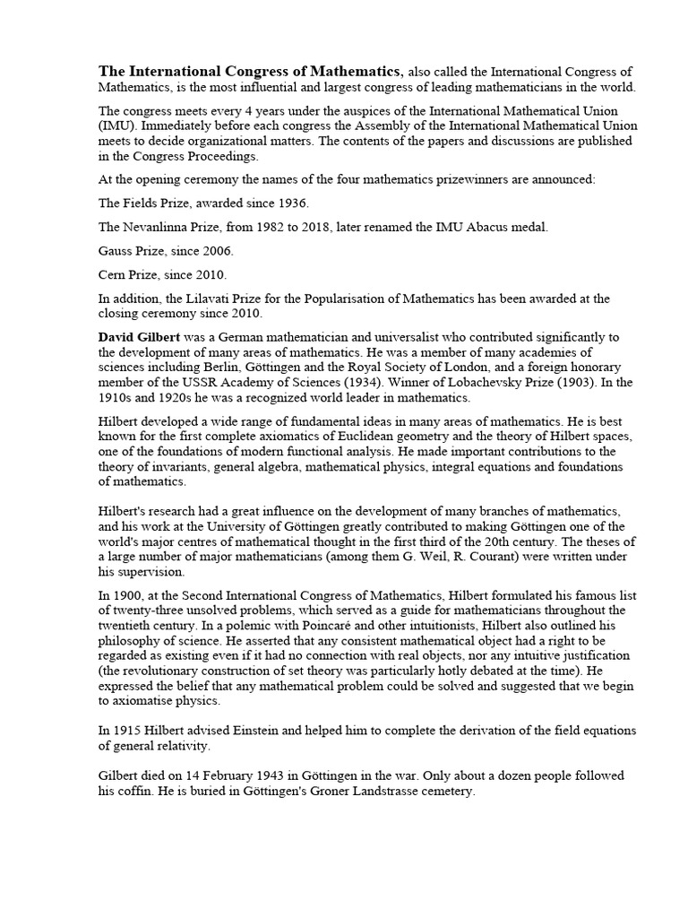 The International Congress of Mathematics | PDF | Mathematics