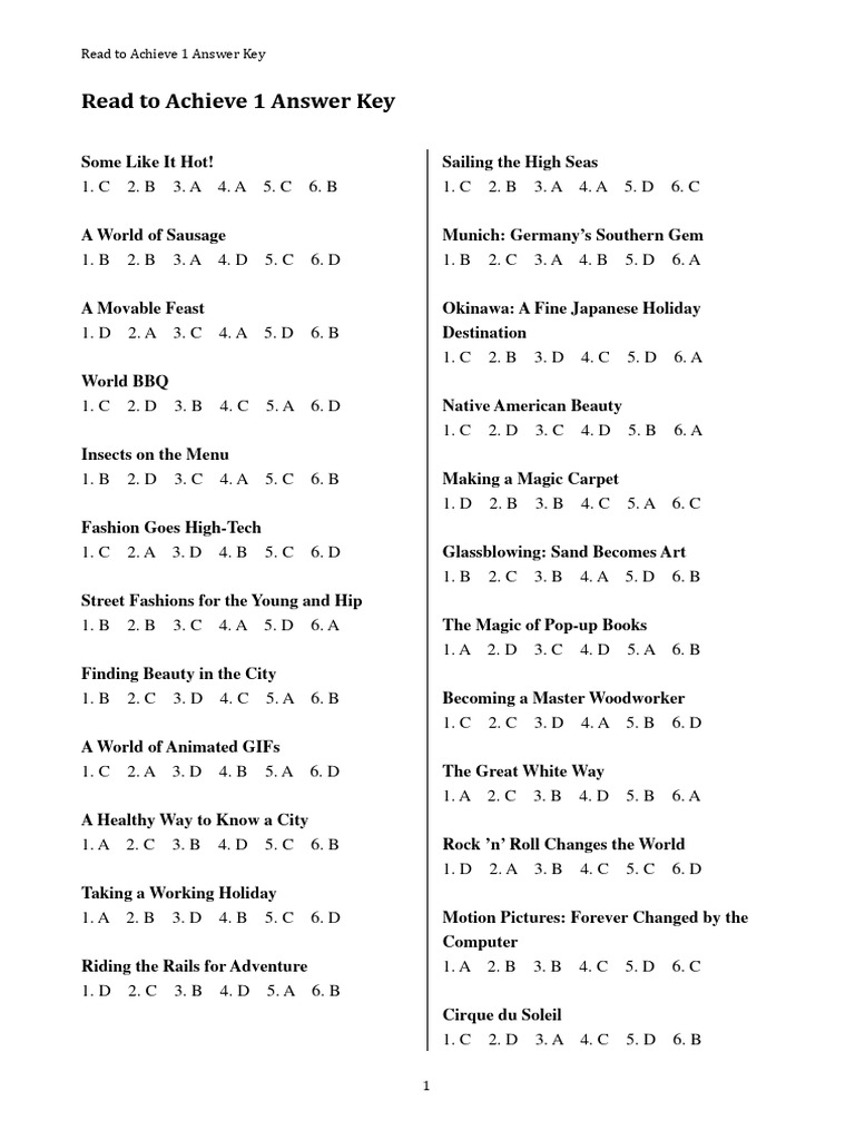 Read To Achieve 1 SB - Answer Key | PDF
