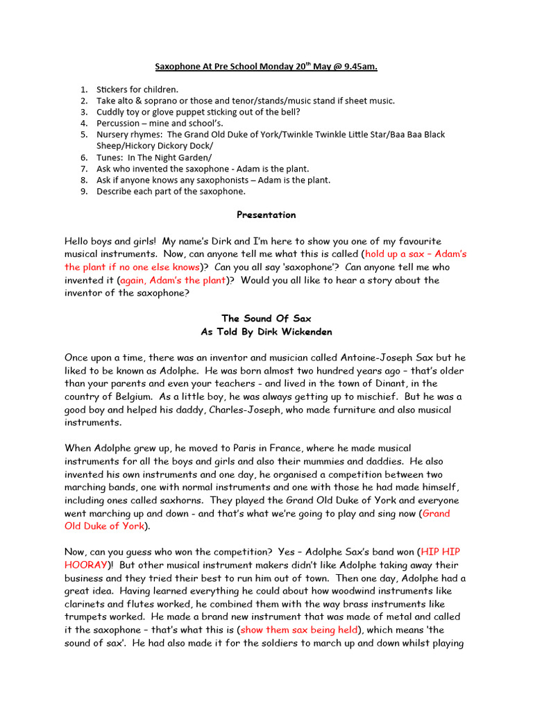 Saxophone at Pre School | PDF | Saxophone | Elementary Organology