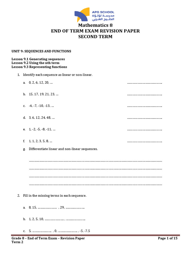 Grade 8 EOT Exam Revision Paper Term 2 | PDF | Nonlinear System | Mathematics
