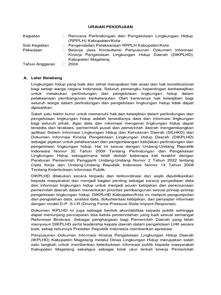 Uraian Singkat Pekerjaan DIKPLHD Tahun 2024 | PDF