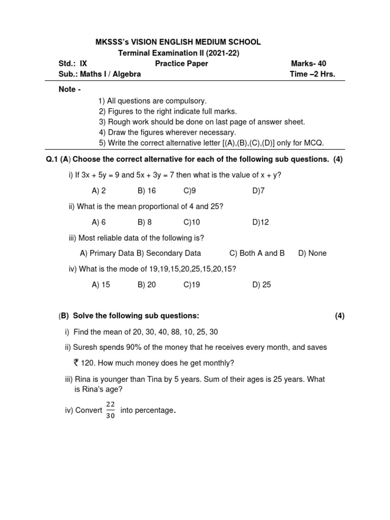 Algebra Practice Paper | PDF | Mean | Equations