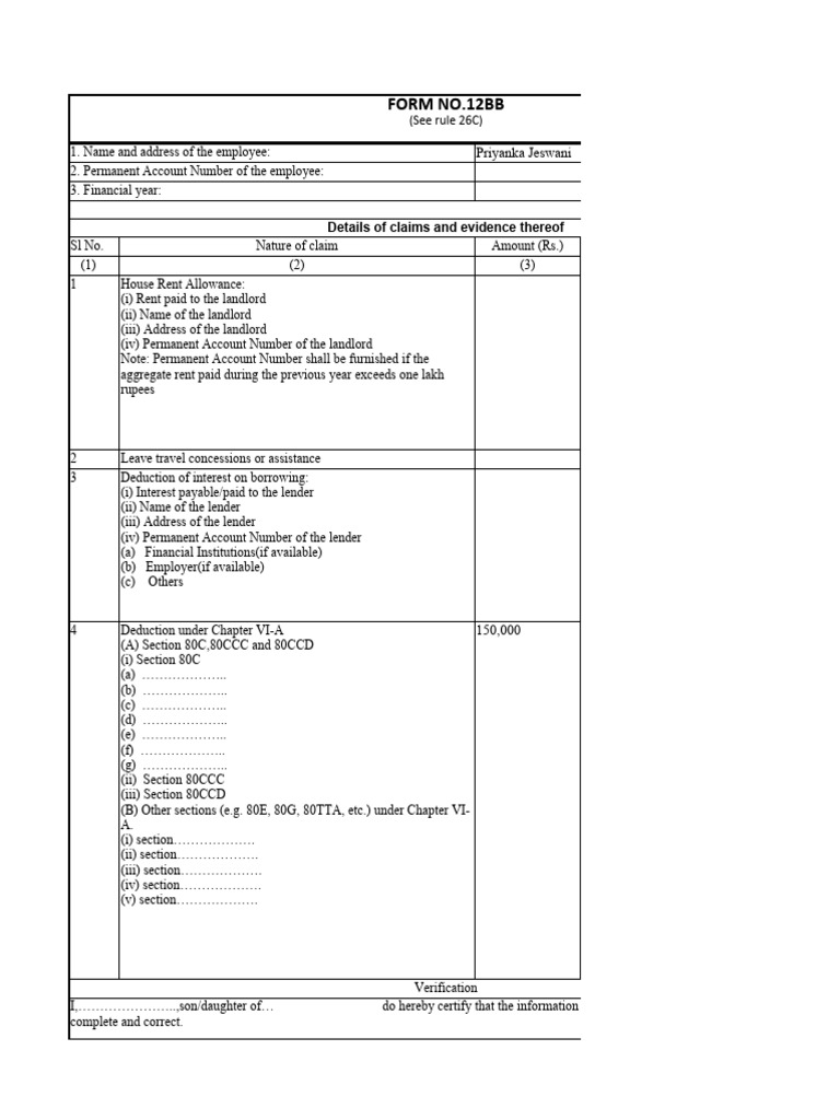 Employee Tax Form 12BB Details | PDF | Personal Finance | Taxes