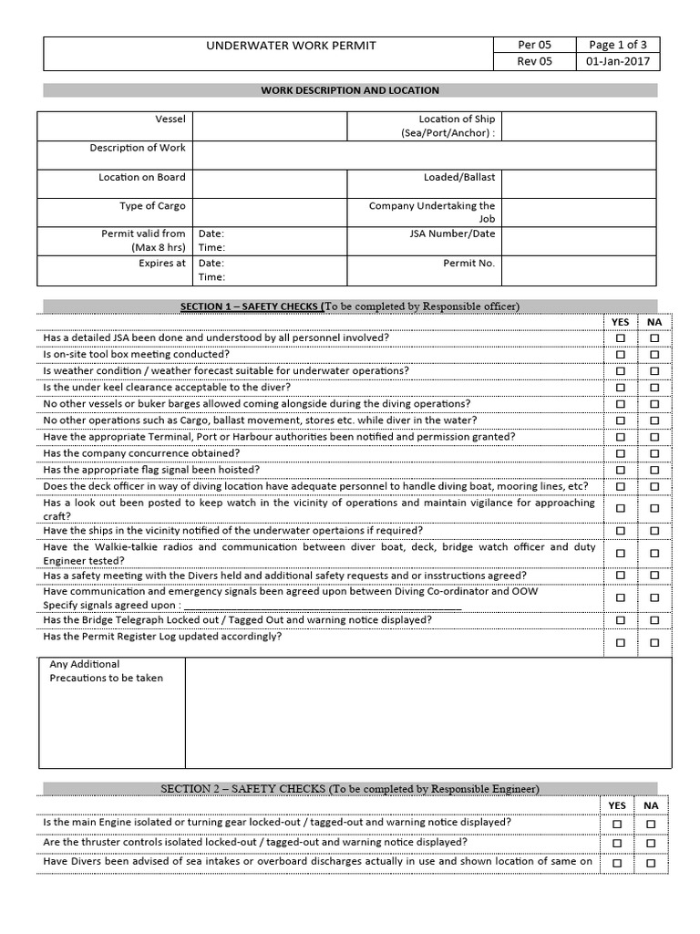 Underwater Work Permit Guidelines | PDF | Underwater Diving | Ships