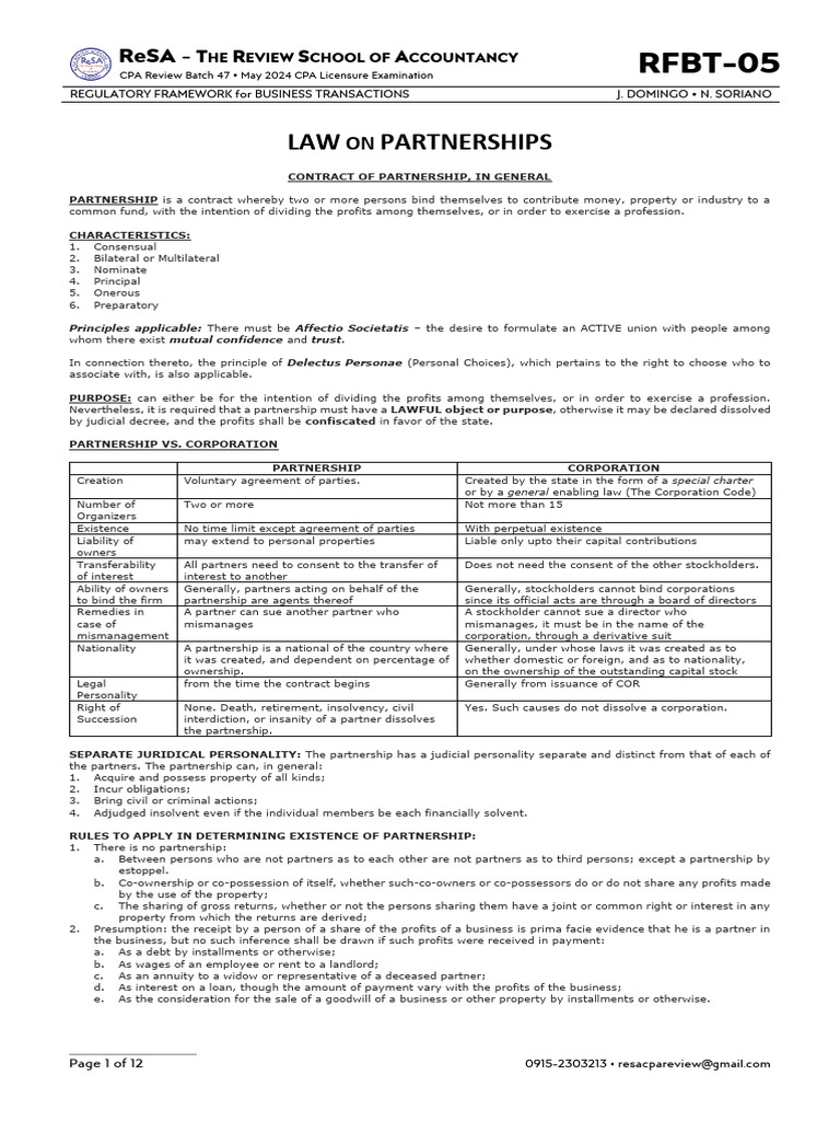 RFBT 05 Partnerships | PDF | Partnership | Liquidation