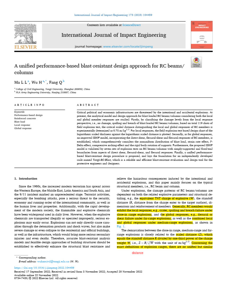 L Et Al. 2023 A Unified Performance Based Blast Resistant Design Approach For RC Beams and ...