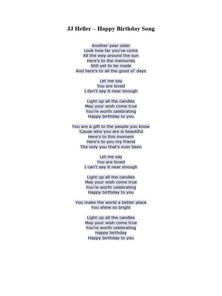 JJ Heller's Happy Birthday Song Lyrics | PDF