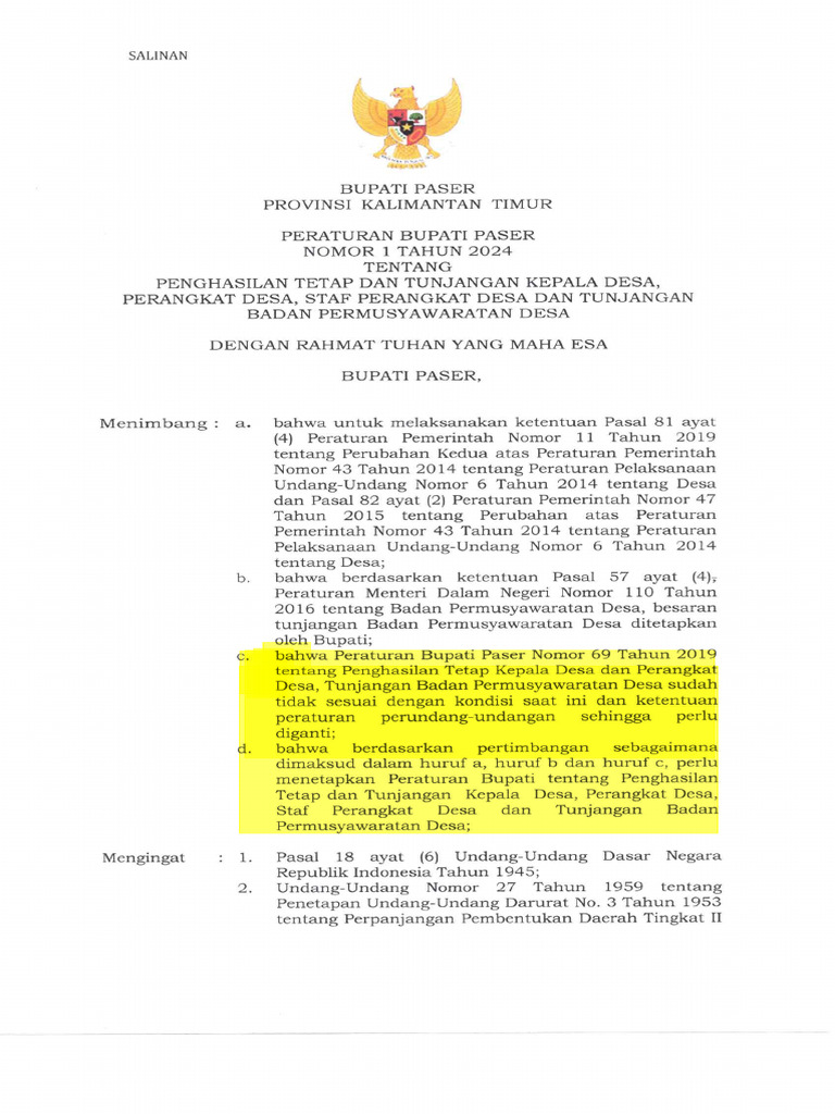 PERBUP NOMOR 1 TAHUN 2024 TENTANG PENGHASILAN TETAP DAN TUNJANGAN KEPALA DESA PERANGKAT DESA ...