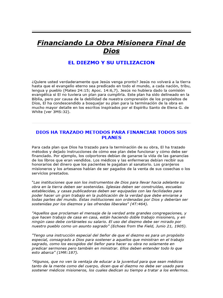 Uso Sagrado del Diezmo en la Misión | PDF | Dios | Iglesia Adventista ...