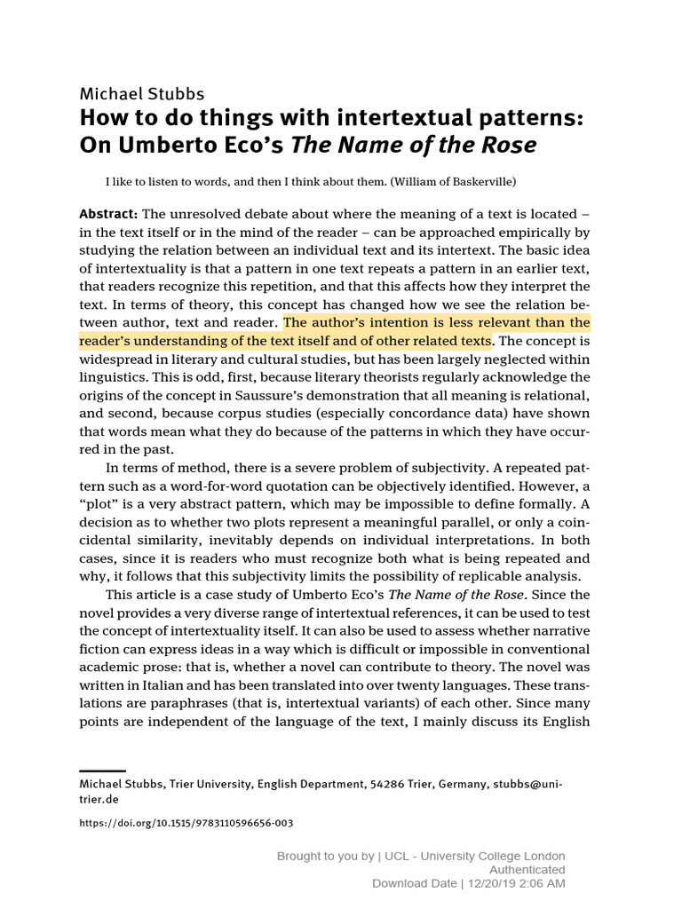 How To Do Things With Intertextual Patterns - On Umberto Eco | PDF ...