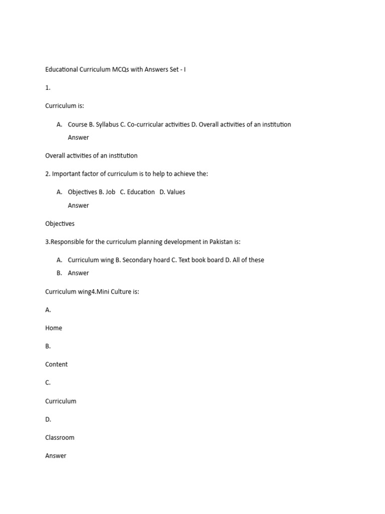 Educational Curriculum MCQs With Answers Set | PDF | Curriculum ...