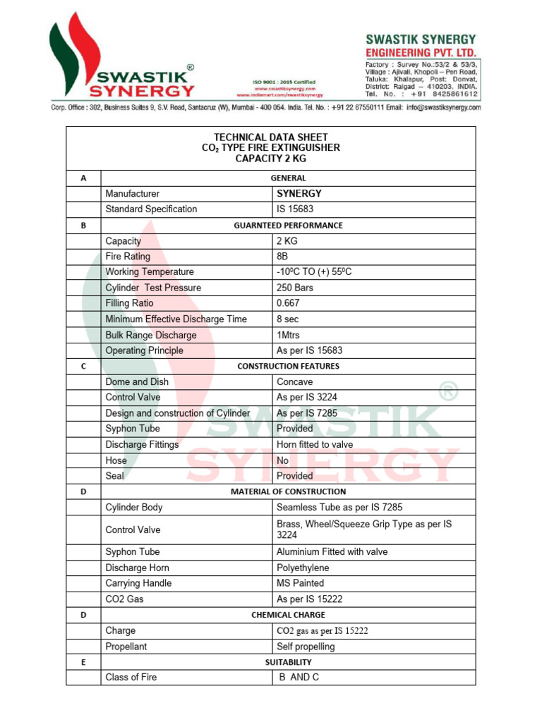 CO2-Type-Fire-Extinguisher-Technical-Data-Sheet | PDF | Valve | Equipment
