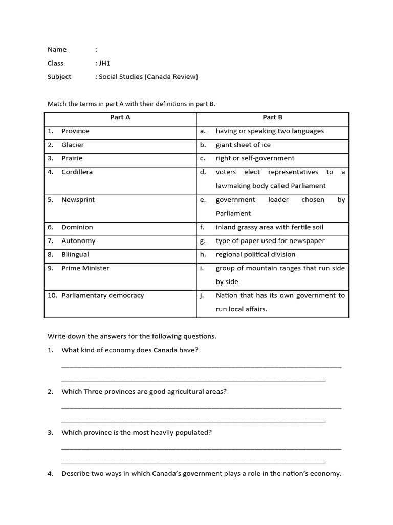 Canada Social Studies Review Quiz | PDF | Canada | Government