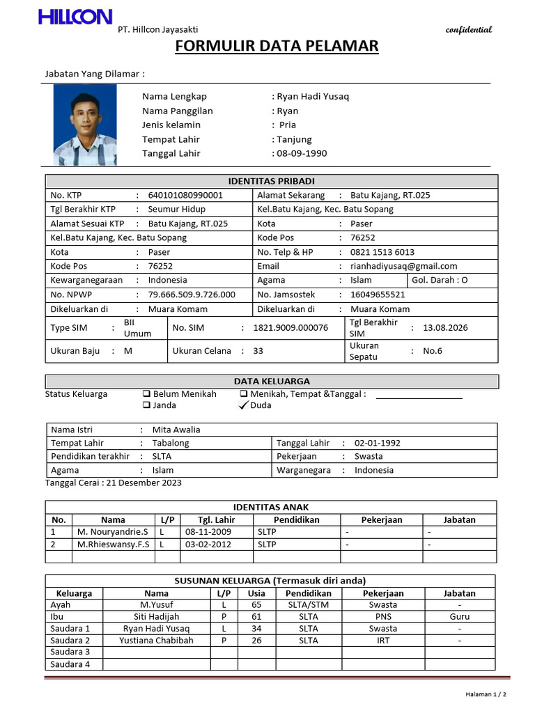 Formulir Data Pelamar | PDF