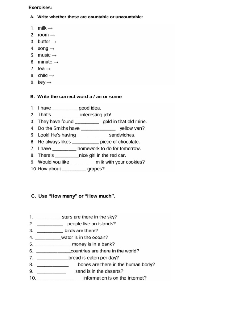 Countable and Uncountable Nouns Ex | PDF