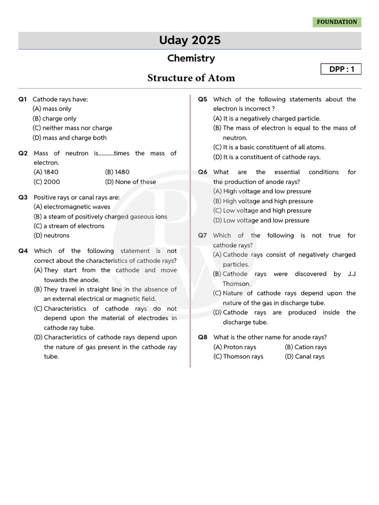 Structure Of Atom Dpp 01 Of Lecture 02 Uday 2025 Pdf Electron