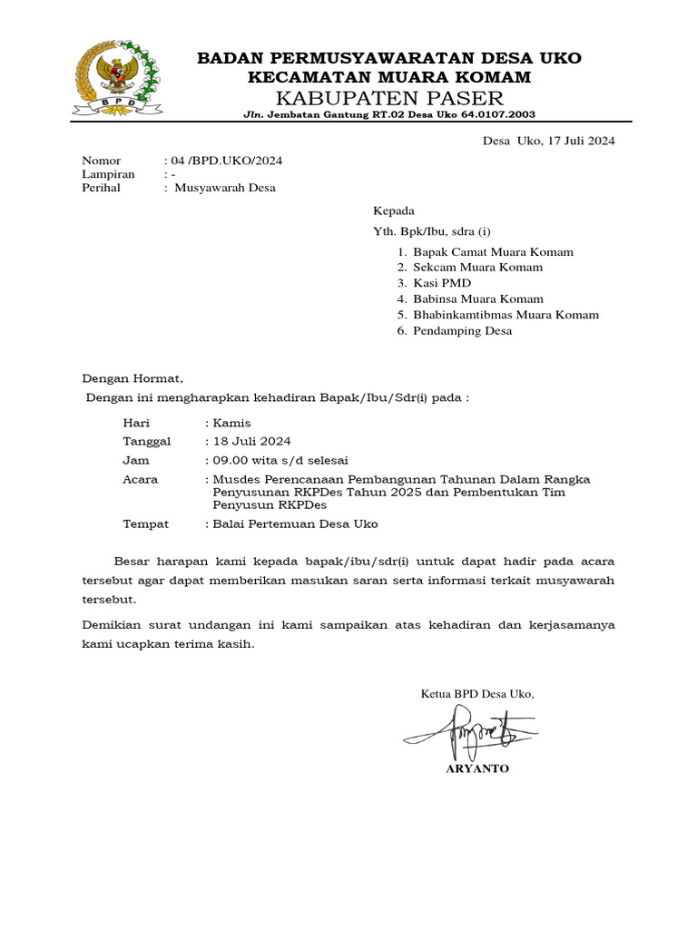 Undangan Musdes Desa Uko 18 Juli 2024 | PDF