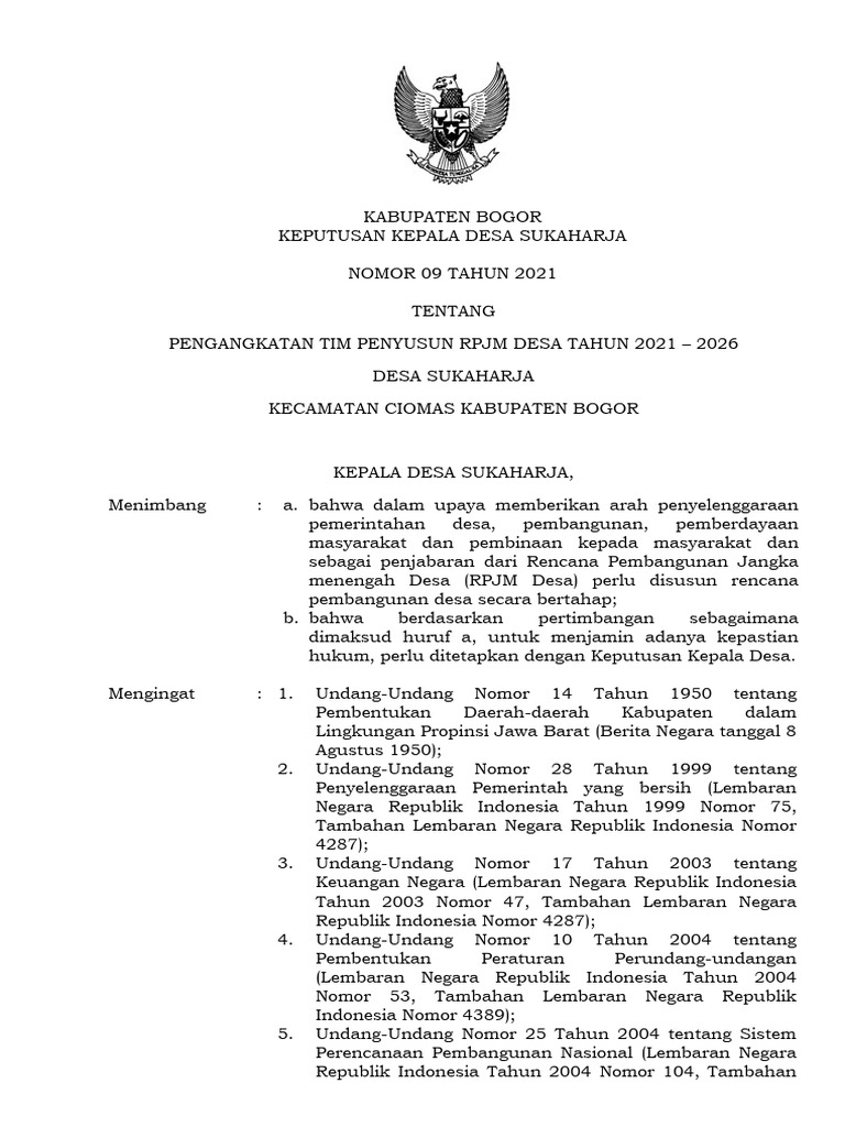 SK Pengangkatan Tim Penyusun RPJM Desa | PDF