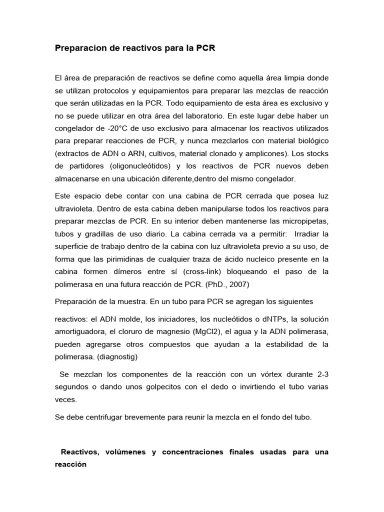 Preparación de Reactivos para PCR | PDF | Reacción en cadena de la ...